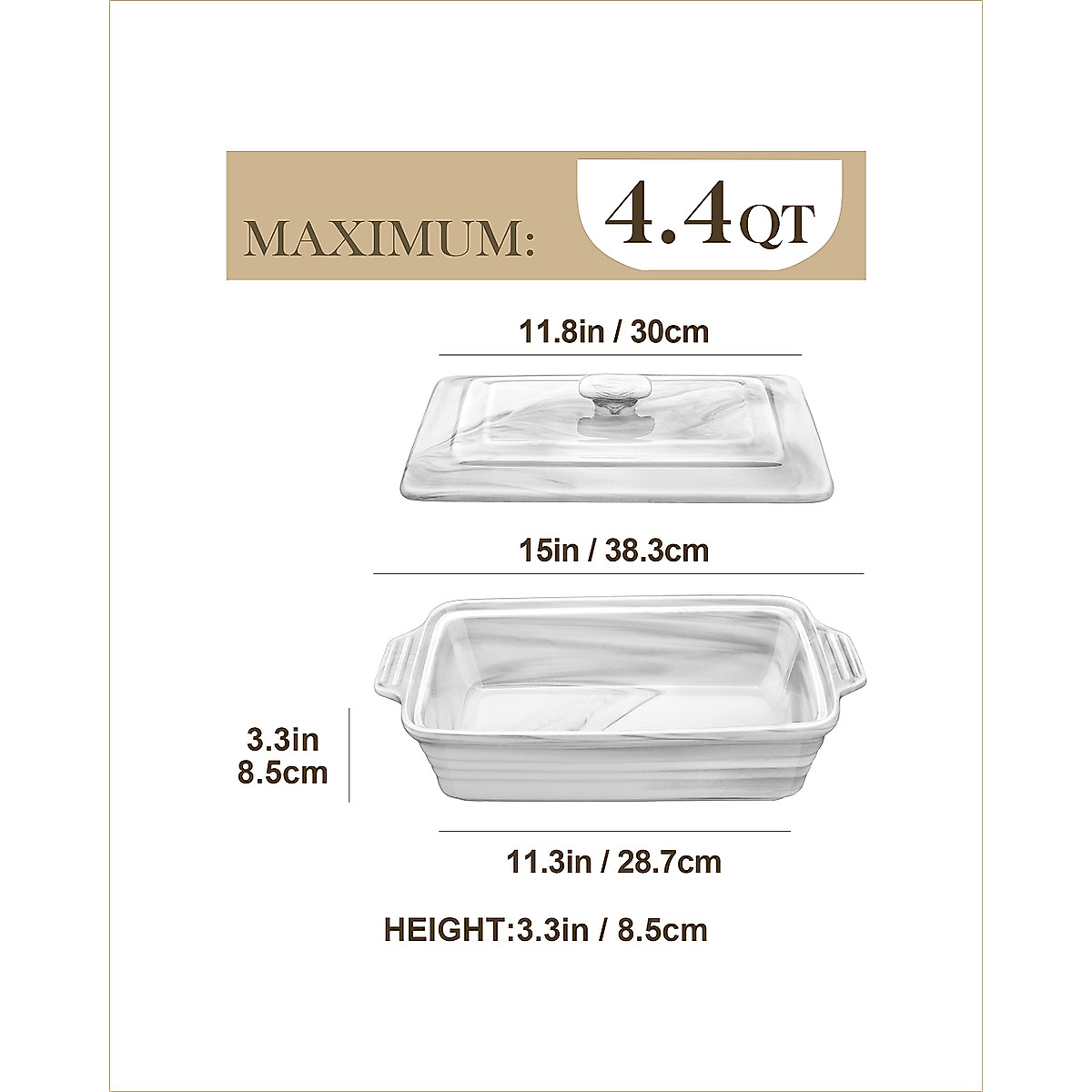 MALACASA Large Casserole Dish with Lid, 4.4 Quart Ceramic Baking Dish for Oven, 13 x 9 Lasagna Pan Deep with Lid, Microwave, Dishwasher Safe, Series BAKE-GREY