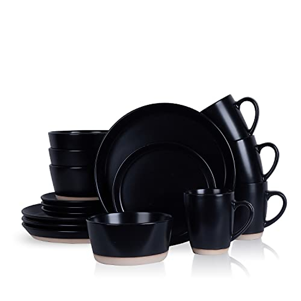 Stone Lain Jules Modern Stoneware 16-piece Round Black Dinnerware Set, Plates and Bowls Sets, Dish Set for 4, Black