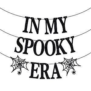 Jenrtvis In My Spooky Era Banner, Halloween Birthday Party Decoration Supplies, It's Halloween Time, Spooky Season Party Decoration Supplies, Halloween Horror Party Banner Black Glitter