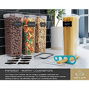 Chef's Path Airtight Food Storage Containers (Set of 4, 2.8L) - Tall Pasta Storage Containers for Pantry & Kitchen Organization, Spaghetti, Noodles, Cereal - Lids, Noodle Measure and Reusable Labels Included