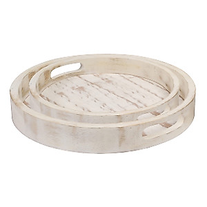 Wooden Serving Tray, Round Wood Tray with Handles, Antique White Decorative Tray for Ottoman, Kitchen/Coffee Table, Set of 2