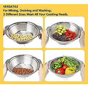 POJORY 3 Piece 304 Stainless Steel 2-3-3.5 Quart Colander Set with Handle, Micro-Perforated Strainers and Colanders, Great for Pasta, Noodles, Vegetables and Fruits, BPA Free