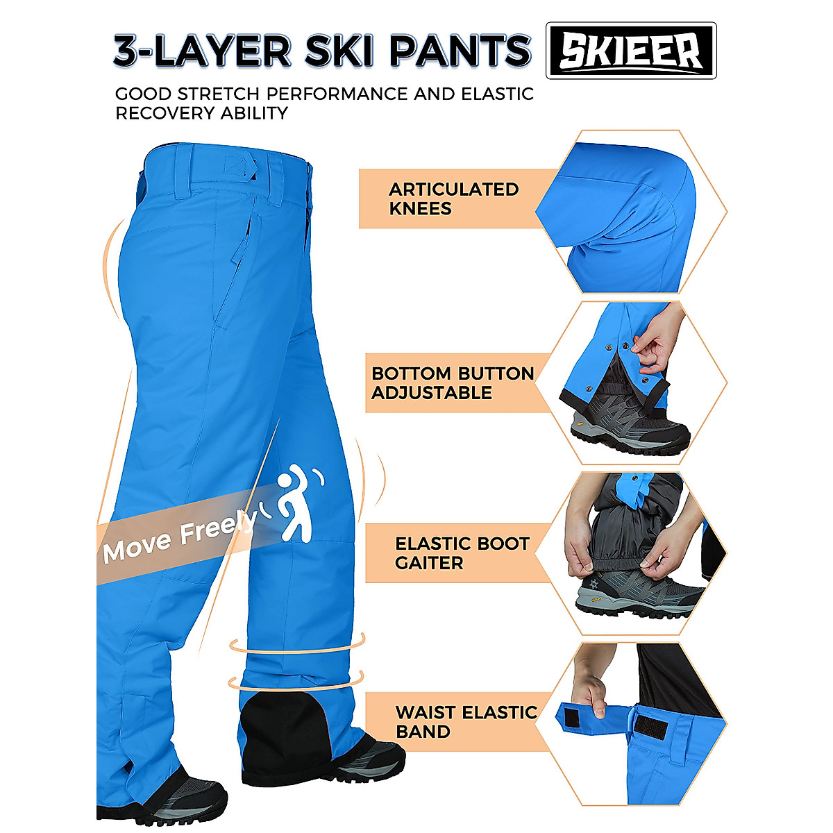 Skieer Men's Mountain Ski Pants Waterproof Insulated Warm Thickened Snow Pants(Black,Medium)