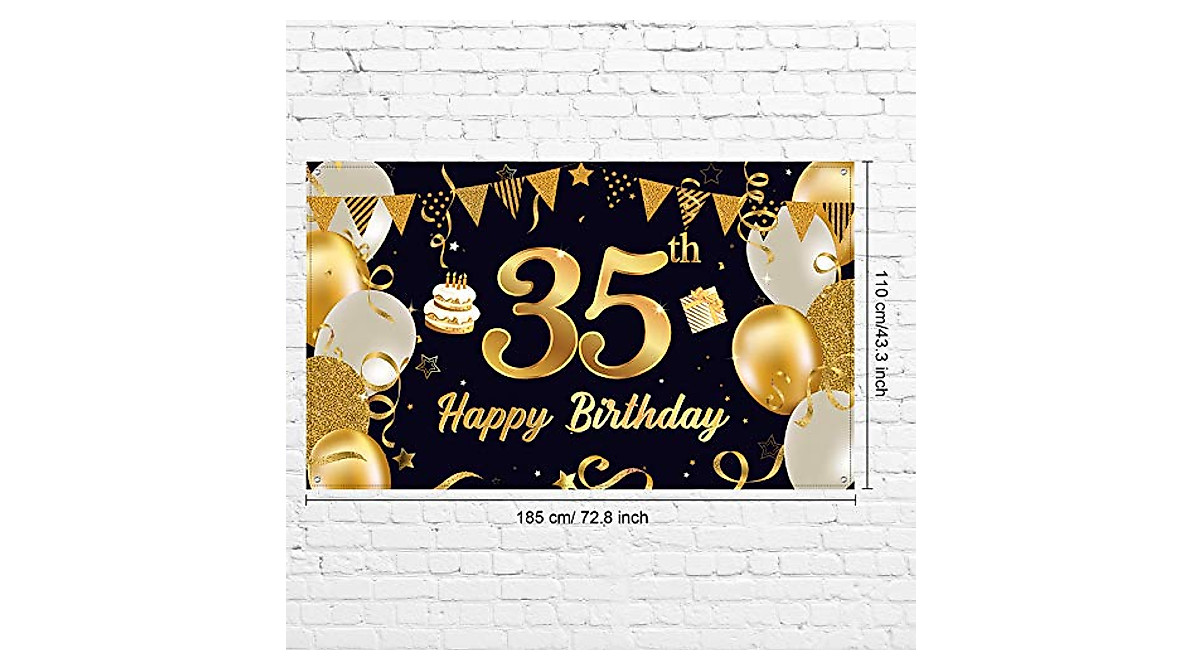 35th Birthday Party Decorations Black Gold Banner - Large Photo Backdrop