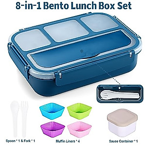 Bento Box Adult Lunch Box, Lunch Containers for Kids Girls Boys with 4 Compartments, Lunchable Food Container with Utensils, Sauce Jar, Muffin Liners, 40 Oz/5 Cup, Microwave & Dishwasher Safe, Blue