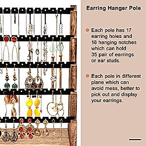 Earring Organizer, 5 Layer Earring Holder Organizer with Metal Necklace Holder Pole, Rustic Wood Jewelry Organizer Stand Display for Stud Earring Bracelet Necklace Ring, 175 Earring Holes (Brown)
