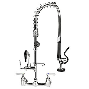 TCEUMIK Commercial Kitchen Sink Faucet with Pre Rinse Sprayer 8'' Center 25'' Height 12'' Swivel Spout Adjustable Wall-Mount Kitchen Faucet for 1, 2, 3 Industrial Restaurant Compartment Utility Sinks