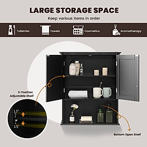 Byroce Bathroom Storage Cabinet Wall Mounted, Wooden Over The Toilet Space Saver with 2 Doors & Adjustable Shelf, Hanging Medicine Cabinets for Bathroom, Living Room, Kitchen (Black)