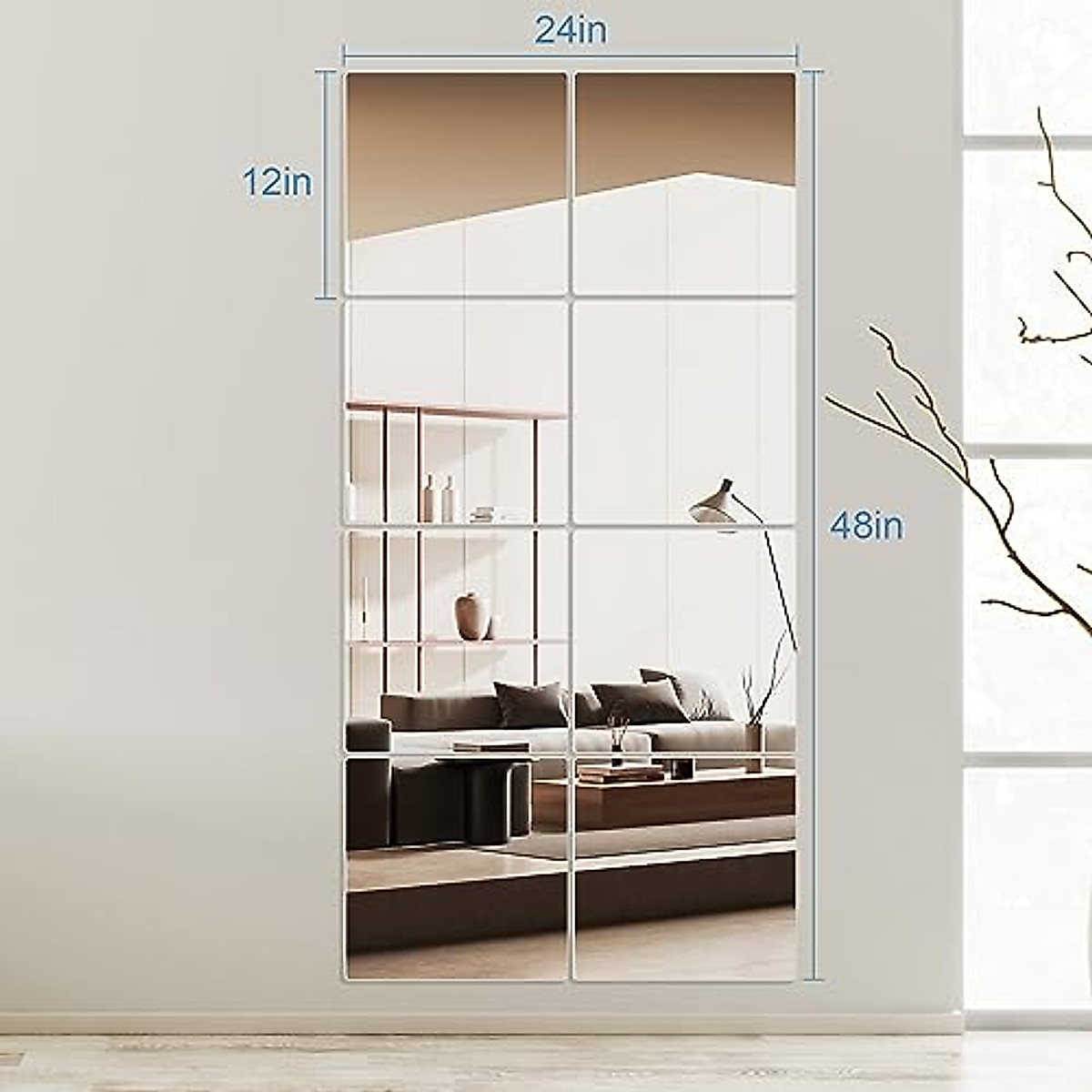 QIYUFOTO Full Length Wall Mirror Tiles, Wall Mounted Glass Mirror for Modern Wall Decor, Square Large Wall Mirror for Home Gym, Bedroom, Bathroom(12"x 12"-8PCS)