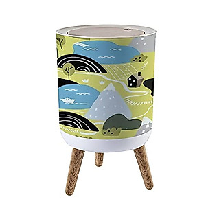 PHAIBHKERP Small Trash Can with Lid Scandinavian Graphic Seamless with housetrees and Garbage Bin Round Waste Bin Press Cover Dog Proof Wastebasket for Kitchen Bathroom Living Room 1.8 Gallon