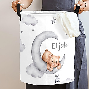 Teddy Bears on Clouds Personalized Laundry Basket,Custom Name Collapsible Waterproof Laundry Hamper Storage Bins with Handle for Clothes,Toys Nursery