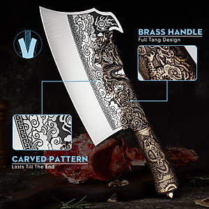 ROCOCO 2lb Dragon Butcher Knife Heavey Duty Cleaver Knife for Meat Bone Cutting 9.5" Cool Big Viking Camping Chopper Cutter with Sheath Birthday Thanksgiving Christmas Gift Idea Men