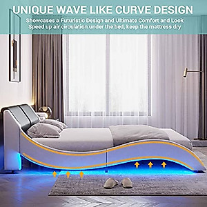 DICTAC Queen LED Bed Frame with Headboard Modern Low Profile Upholstered Platform Bed Frame with LED Lights Queen Size Faux Leather Wave-Like Bed Frame,Strong Wood Slats,Easy Assembly,Black+White