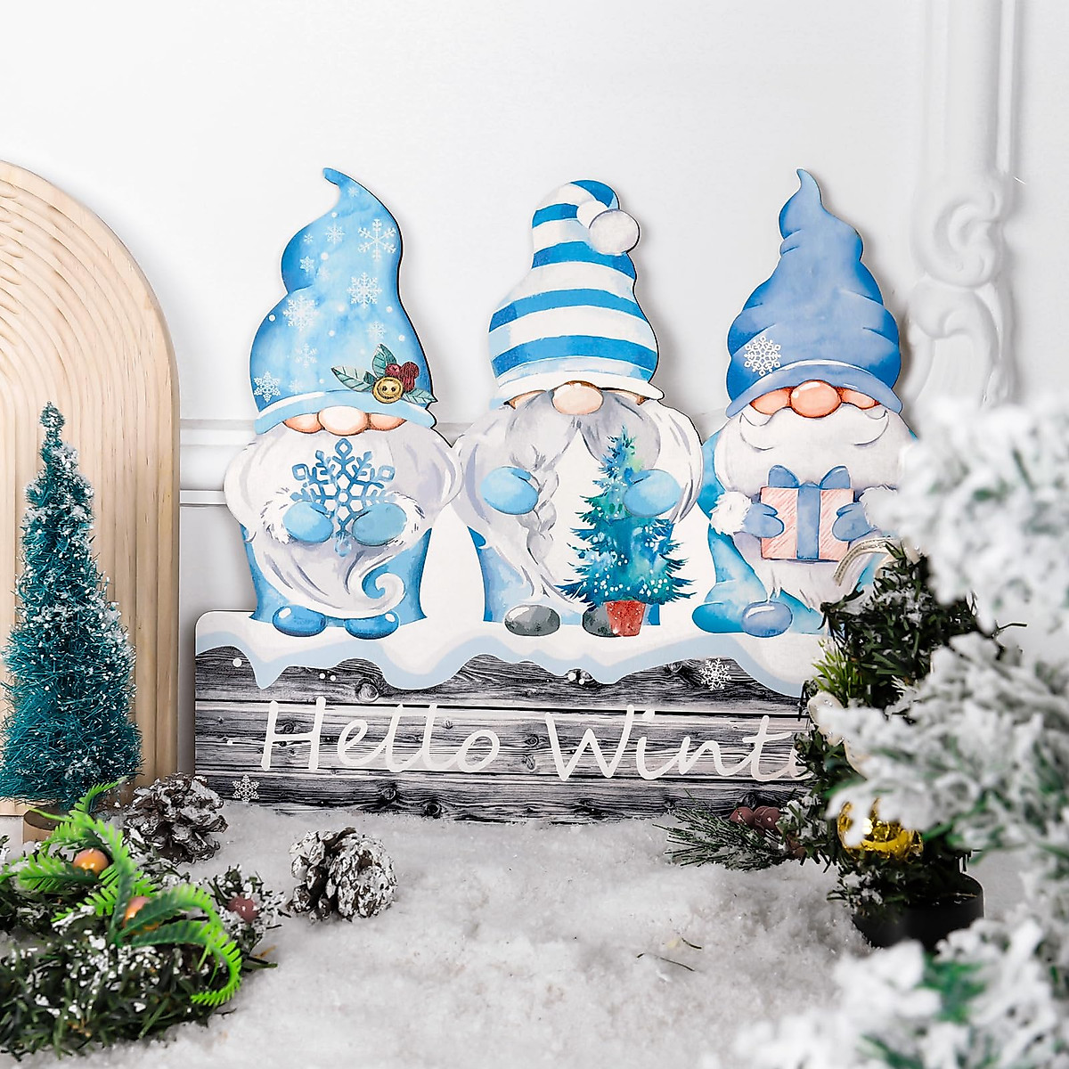 Auidy_6TXD Hello Winter Welcome Door Sign, Gnomes Winter Christmas Door Hanging Signs Farmhouse Home Sign for Home Porch Front Door Indoor Outdoor