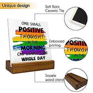 QiCHo Inspirational Quotes Desk Decor Gifts One Small Positive Thought Office Desk Sign Encouragement Cheer Up Gifts Office Inspiration Positive Plaque With Wooden Display Stand