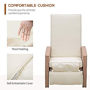 Outsunny Patio Recliner, Outdoor Reclining Chair with Flip-Up Side Table, All-Weather Wicker Metal Frame Chaise with Footrest, Cushions, Beige