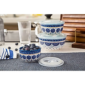 Bico Blue Talavera Ceramic Bowl with Air Tight Lid Set of 3(27oz, 18oz, 9oz each), Prep bowls, Food Storage Bowl for Salad, Snacks, Fruits, Microwave and Dishwasher Safe