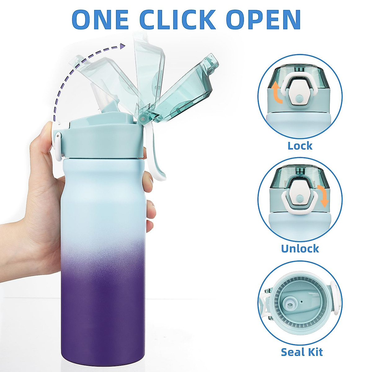 BJPKPK 18oz Insulated Water Bottle With Straw Stainless Steel Double Wall Water Bottles BPA Free Leak Proof Thermos With Lockable Flip Lid And Soft Silicone Spout,Ocean Dream