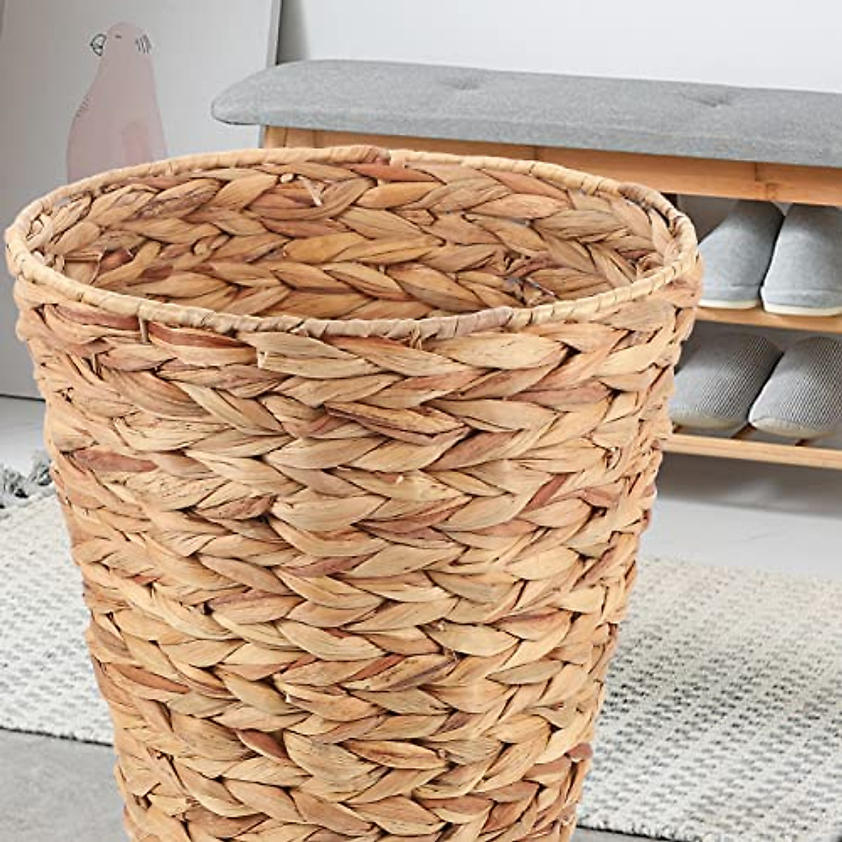 Rattan Basket Woven Waste Basket Round Trash Can Decorative Garbage Waste Bin Rubbish Container Laundry Cloth Storage Basket Organizer for Bedroom Home Living Room Bathroom Woven Basket