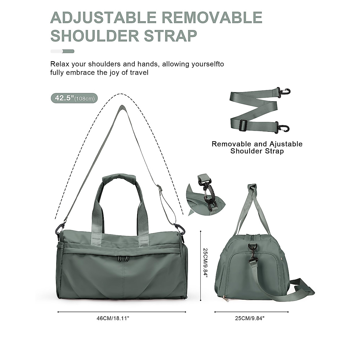 Gym Bag for Women Men with Shoe Compartment, Sport Duffel Bag, Waterproof Travel Weekender Overnight Carry on Bag for Yoga with Trolley Sleeve, Green