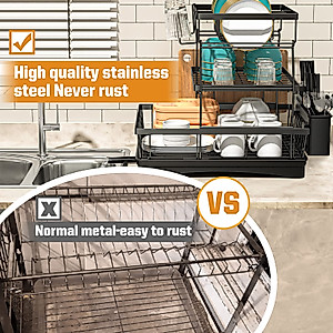 7 code 3-Tier Large Dish Racks for Kitchen Counter,Dish Drying Rack,Detachable Large Capacity Dish Drainer Organizer with Utensil Holder, Cup Holder,Dish Drying Rack with Drain Board ,Black