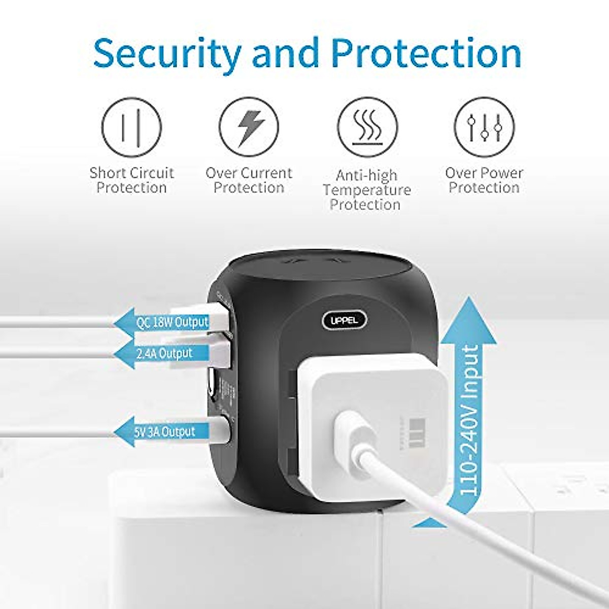 UPPEL Universal Travel Adapter Power Adapter All in One European Adapter Travel Converter with QC3.0&USB&Type-C Port Function Charger,Universal Plug Adapter Used in UK/US/EU AU/Asia(200 Countries)