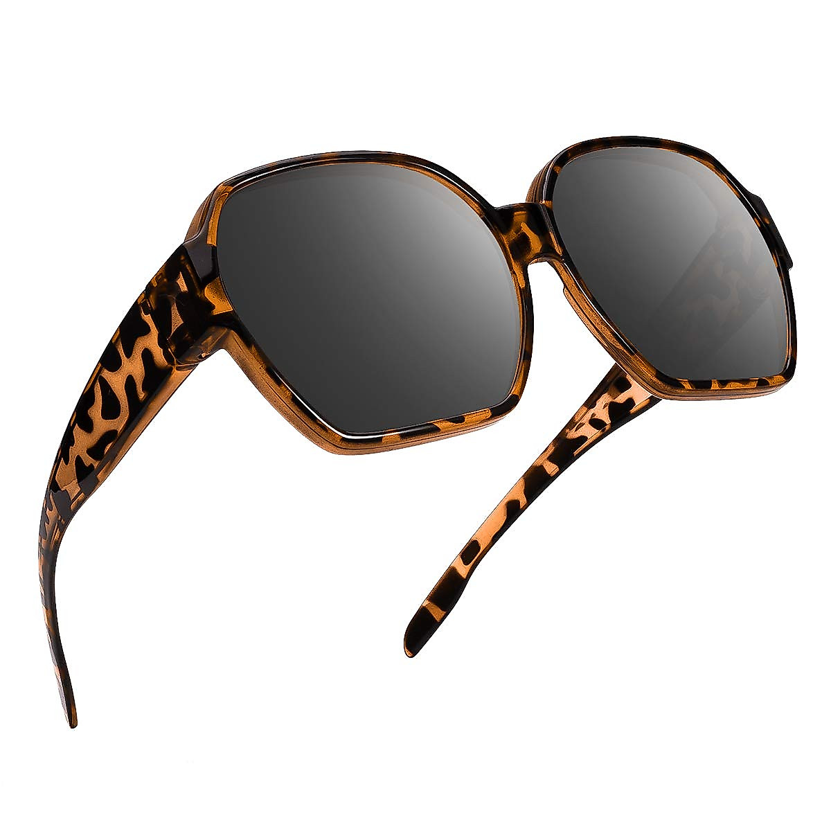 TINHAO Square Oversized Polarized Fit Over Sunglasses Over Glasses with Lightweight Large Frame for Woman Man (Amber leopard, Black)