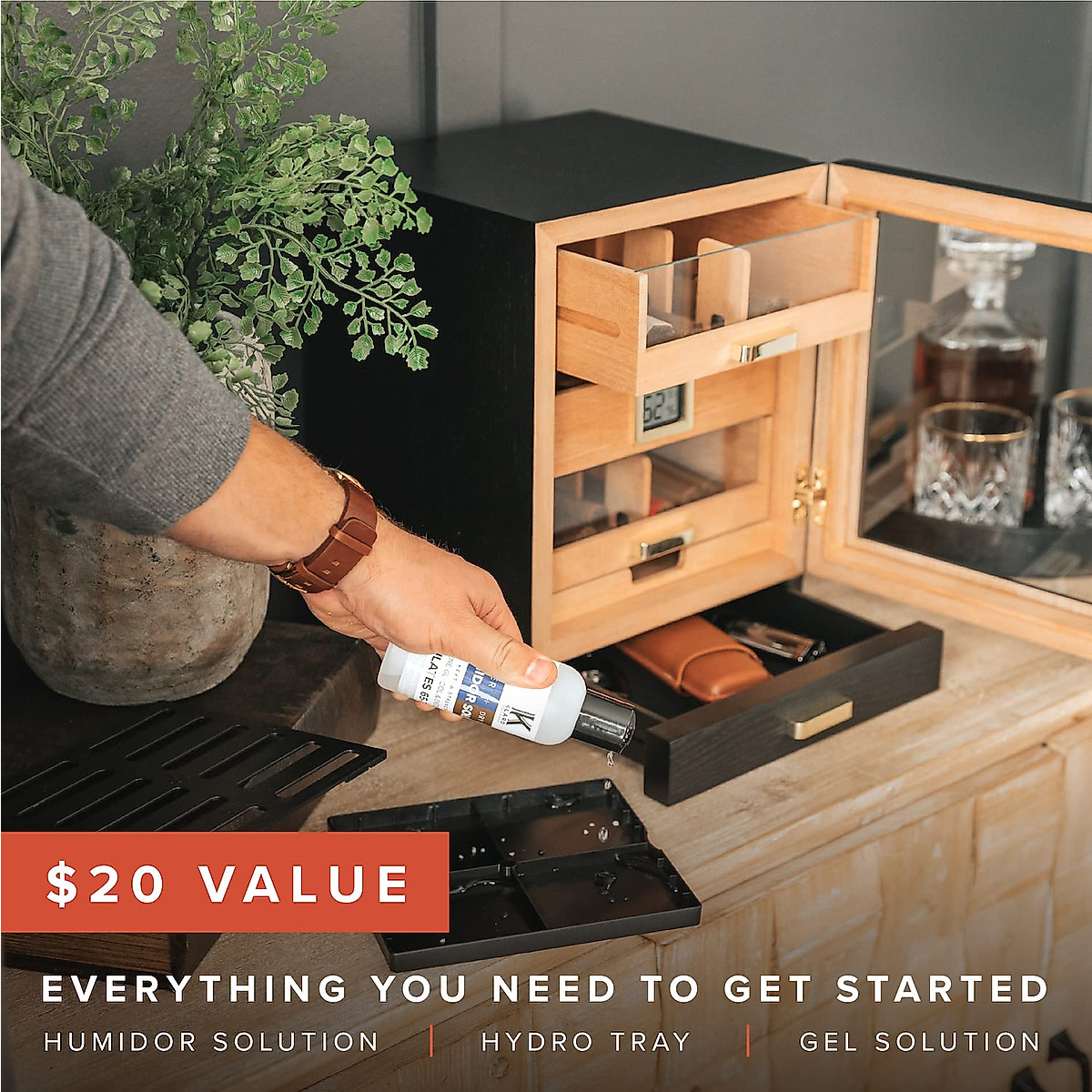 CASE ELEGANCE Luca Humidor Cabinet Stores 80-100, Cigar Humidor Box with Spanish Cedar, Glass Display, Easy Humidification System, Digital Hygrometer - Black