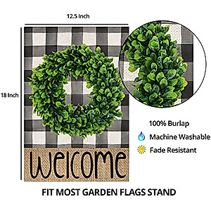 Welcome Spring Garden Flag for Outside,Buffalo Plaid Boxwood Wreath Small Yard Flag, Summer Seasonal Decors for Outdoor Farmhouse Holiday 12x18 Double Sided
