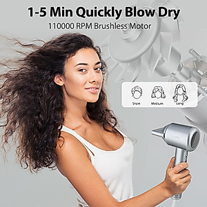 LOVEPS Hair Dryer with Diffuser, 110000 RPM Brushless Motor Ionic Blow Dryer, Portable Quiet Electric Hair Dryers Low Noise, Magnetic Nozzle, Fast Drying for Travel, Salon, Women Gifts - Silver
