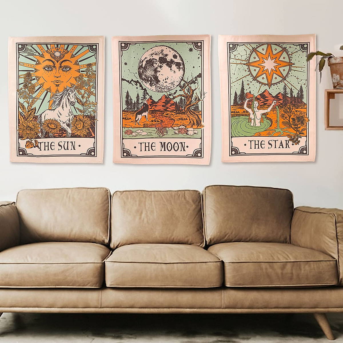Accnicc 3 Pack Tarot Tapestry, Sun Moon and Star Tarot Card Tapestry, Brown and Beige Tapestry Wall Hanging, Vertical Vintage Aesthetic Wall Tapestry for Room with Steel Grommets (Brown, 20'' × 27'')