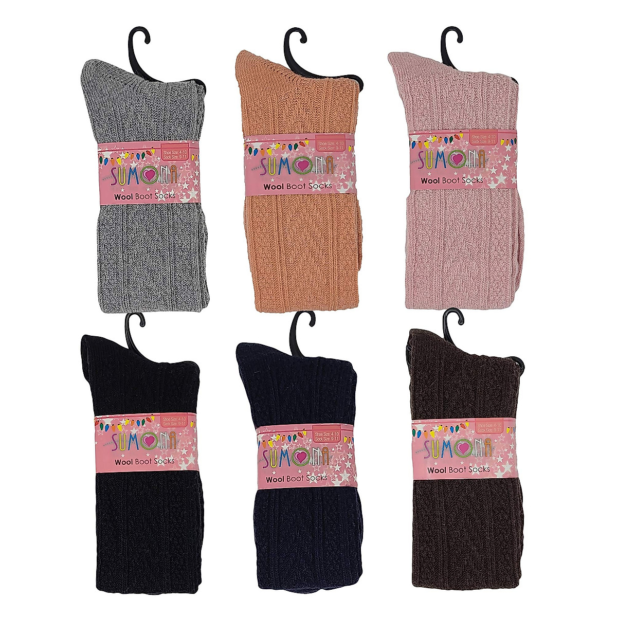 SUMONA 6 pairs Women Cable Knit Knee High Winter Boot Socks 9-11 (Assorted, 9-11)