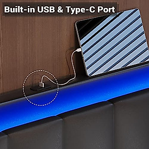 Hasuit Queen Bed Frame with 4 Storage Drawers, LED Light Queen Size Platform Bed with Charging Station, Artificial Leather Upholstered Bed with Adjustable Headboard, No Box Spring Needed