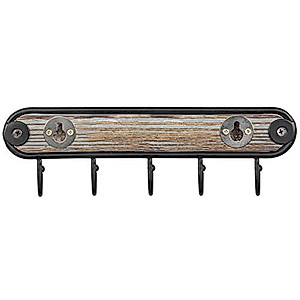 MyGift Decorative Wall Mounted Torched Wood Entryway Coat Rack and Key Holder Rack with 5 Hooks and Black Metal Frame