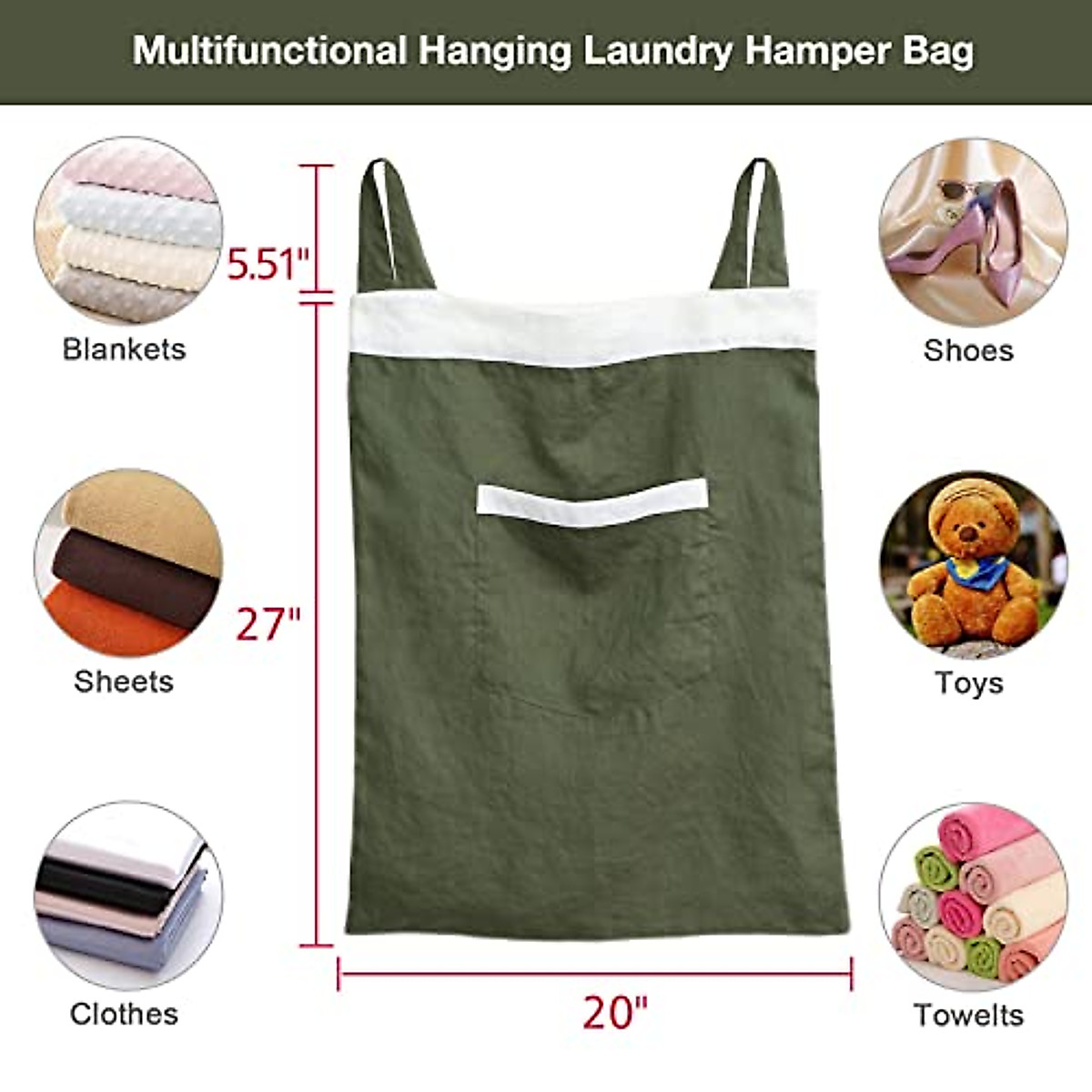 GyiHoong 100% Linen Door Hanging Laundry Hamper Bag, 20x27 Inch Hanging Laundry Bag with Front Pocket, Space Saving Over the Door Laundry Hamper(Green)
