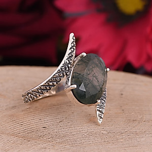 DHRUVANSH CREATIONS Natural Moss Agate Gemstone Genuine 925 Sterling Silver Bypass Ring for Women Oval Cut Women's Ring Set for Engagement Wedding Jewelry (8.5)