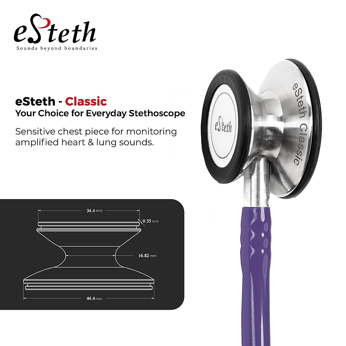eSteth Classic Stethoscope - Sensitive Chest Piece for Monitoring Amplified Heart & Lung Sounds - Lightweight Design, Flexible Stethoscope Tubing - Extra Ear Tips & Non-Chill Ring - 32" Long, Purple