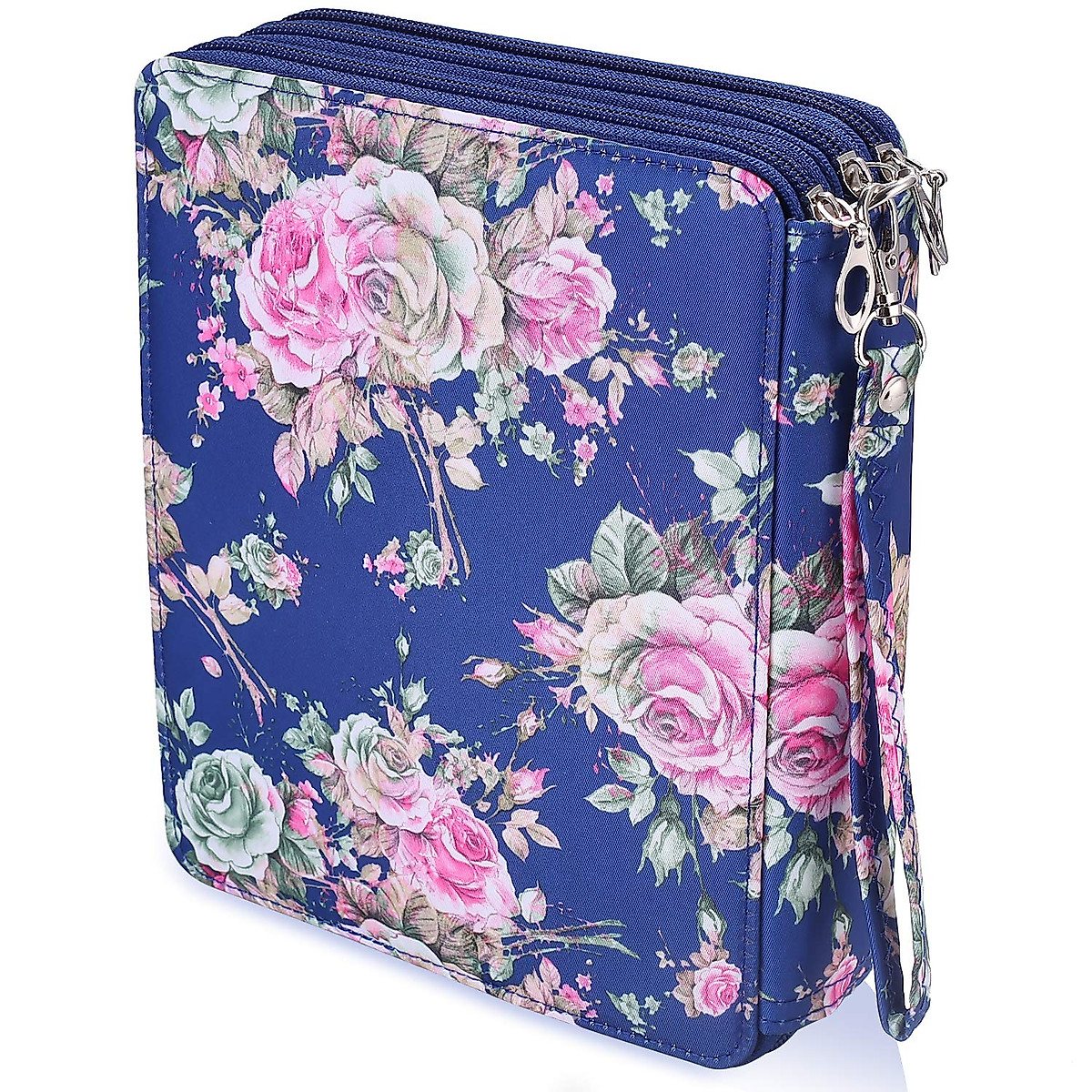 Shulaner 120 Slots Colored Pencil Case with Zipper Closure Large Capacity Blue Rose Oxford Pen Organizer Flower Pencil Holder