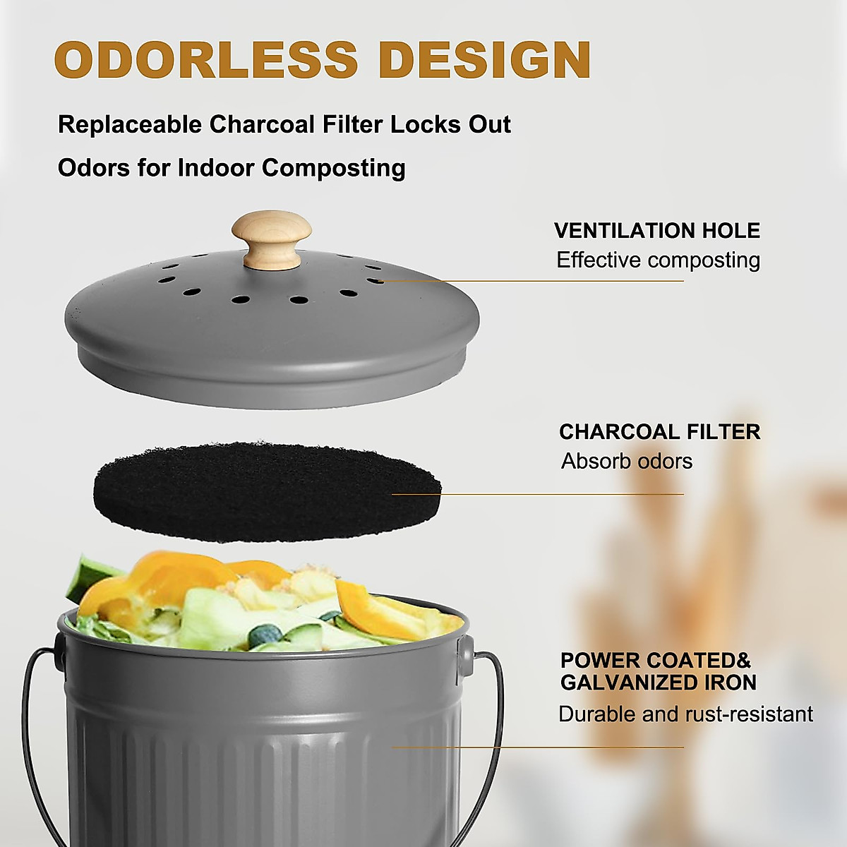 Holismo Compost Bin Kitchen Countertop, 1.95 Gallon Counter Compost Bin with Lid, Rustproof Coated Compost Bucket, Indoor Composter includes Three Charcoal Filters