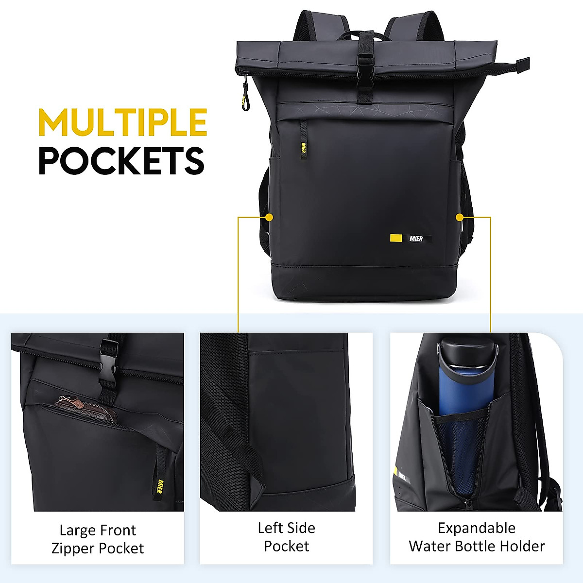 MIER Rolltop Travel Backpack for Men Women Water Resistant Carry on Casual Commuter Back Pack with Multiple Pockets for Work Business College Trip, 23L, Black