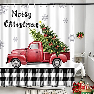 iTapnoom Merry Christmas Shower Curtain, Christmas Tree On The Red Truck and Snowflake Winter Holiday Party Farmhouse,Waterproof Polyester Durable Cloth Fabric Bathroom Decor Set with Hooks,72x72