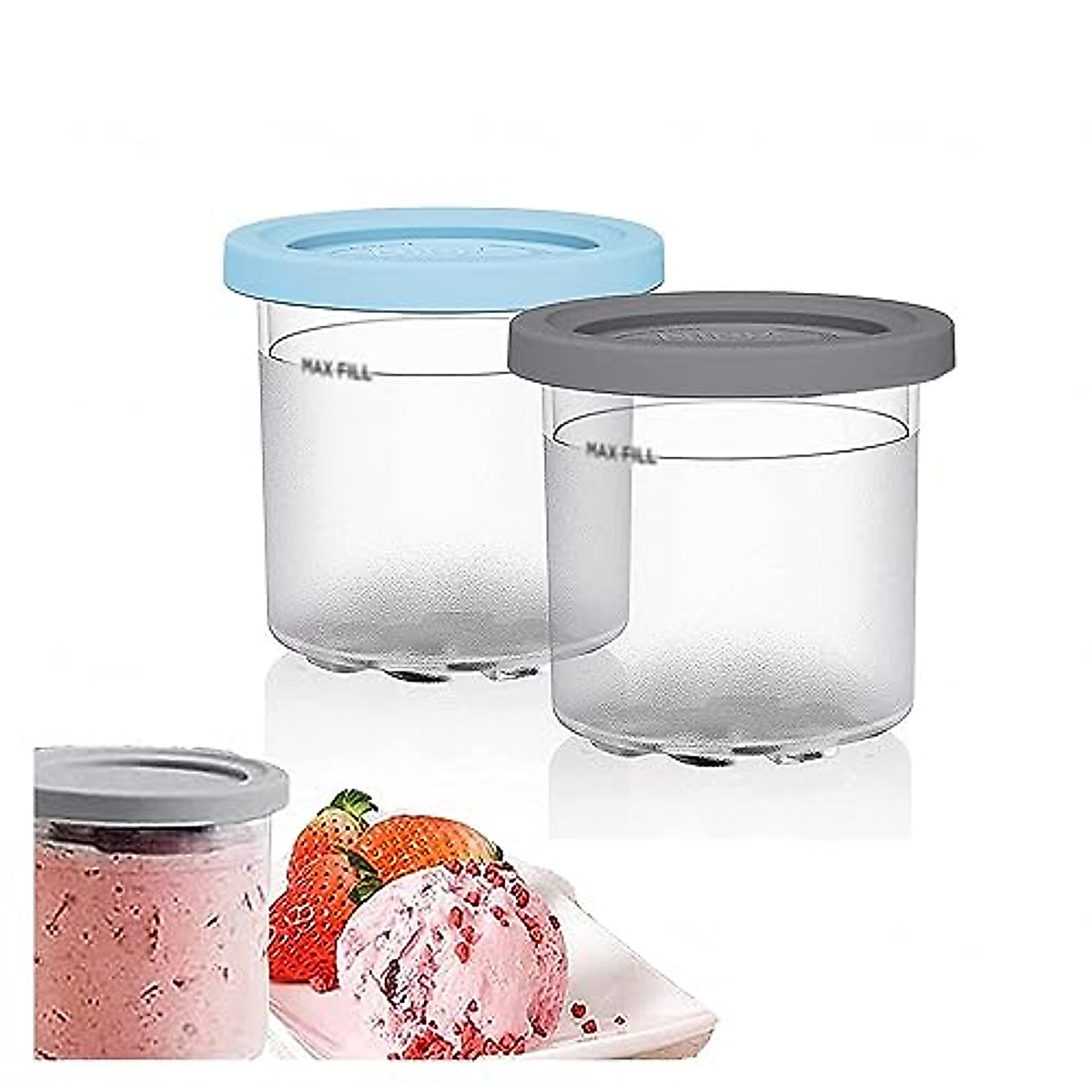 EVANEM 2/4/6PCS Creami Pint Containers, for Ninja Creami Pints and Lids,16 OZ Creami Pints Dishwasher Safe,Leak Proof for NC301 NC300 NC299AM Series Ice Cream Maker,Gray+Blue-4PCS