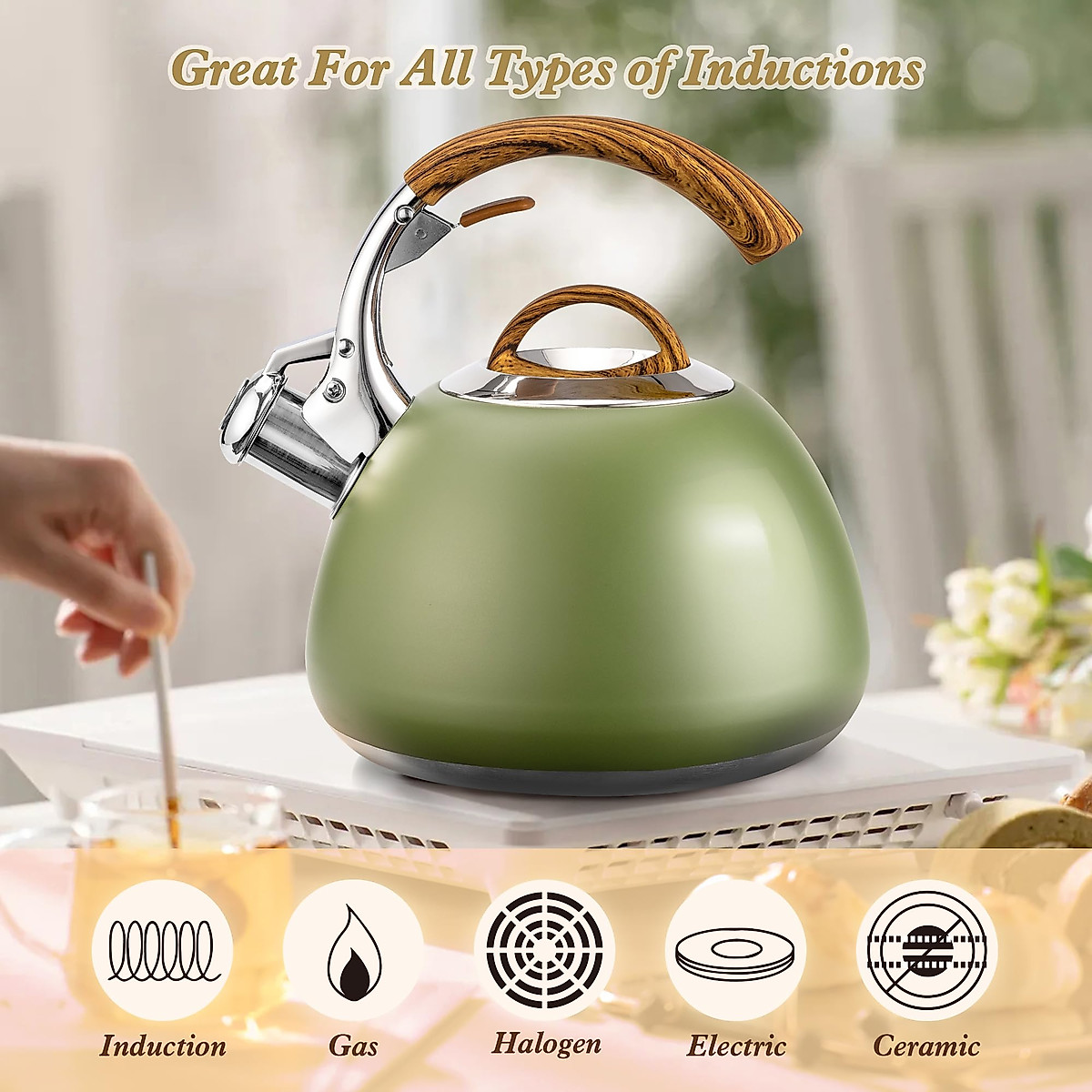 suyika Stove Top Whistling Tea Kettle Food Grade Stainless Steel Teapot with Wood Pattern Handle 3 Quart Green