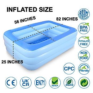 Inflatable Family Swim Play Center Pool, 82" x 56" x 25" Giant Blow Up Pool Summer Water Fun with Inflatable Soft Floor for Family, Garden, Outdoor, Backyard (Blue)