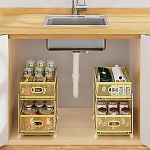 wkokos Under Sink Organizer Baskets with Mesh Pull Out Sliding Drawers for Cabinet, Kitchen, Bathroom, 2 Tier, Gold