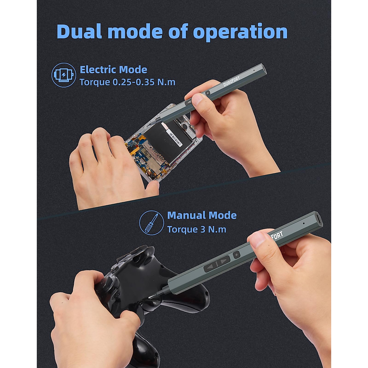 DuroFort 3.7V Precision Electric Screwdriver Set, 0.25N/220RPM Cordless Screwdriver with 34Pcs Bits, 350mAh Mini Electric Screwdriver with LED Light, Magnetize, Opening Pick, Tweezer, Magnetic Mat