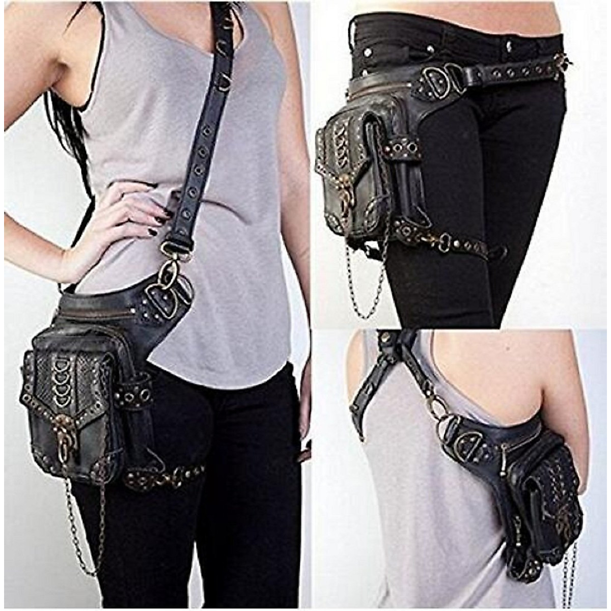 Wendin Rock Leather & Vintage Gothic Retro Steampunk Handbag Victorian Style Shoulder Waist Bag Black