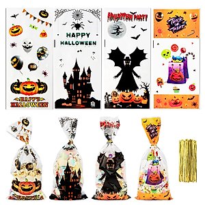 Halloween Treat Bags, Halloween Candy Bags, 100PCS Halloween Cellophane Treat Bags, Halloween Cello Cookies Goodie Gift Snacks Bags with Twists Tie for Halloween Trick or Treat Party Favors Supplies
