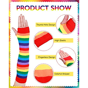 Chuarry 8 Pairs Women's Rainbow Thigh High Socks Fingerless Arm Warmer Set Long Striped High Socks Leg Warmers for Pride Fest(Mixed Color,Classic Style)