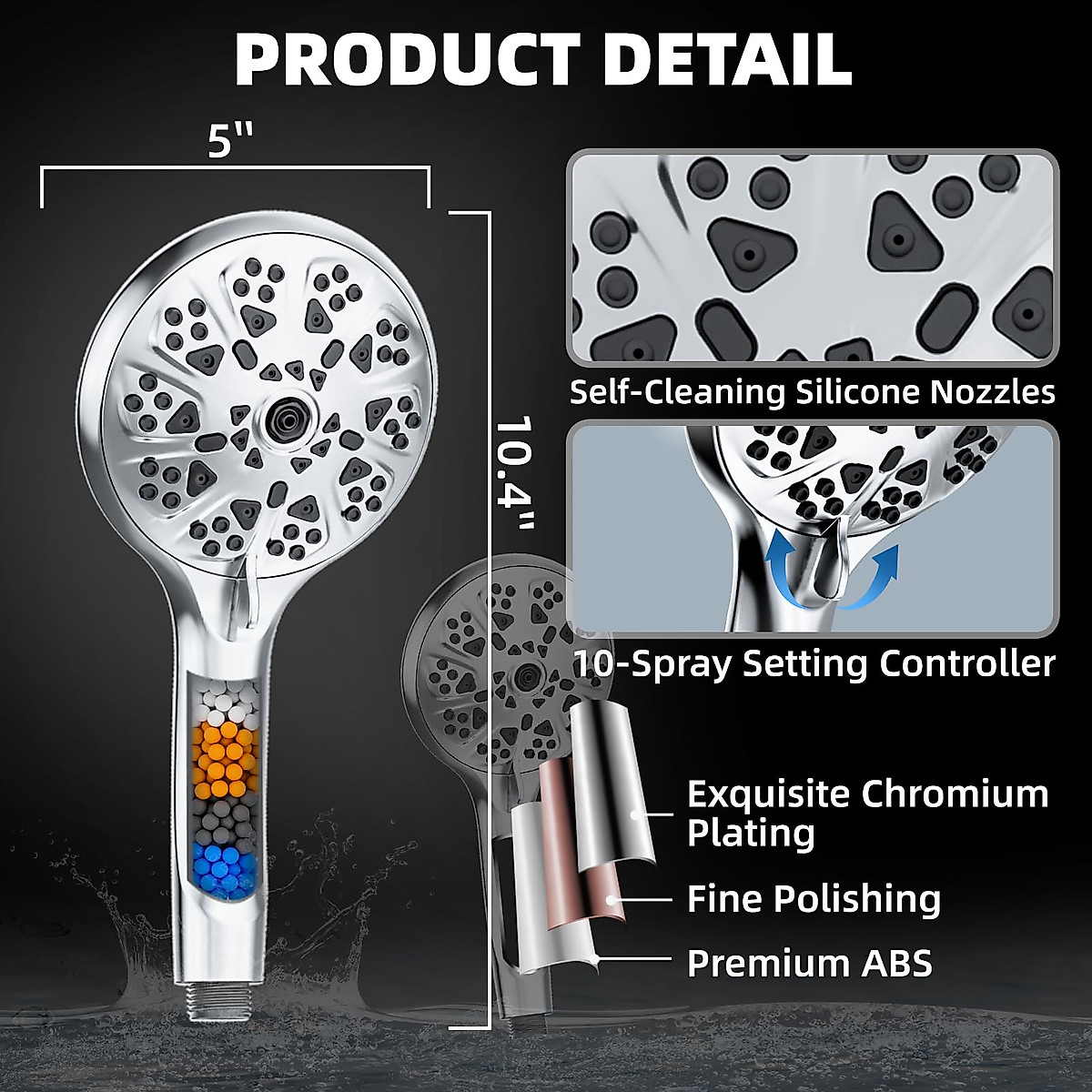 Gyierwe 5"Hand Shower Head, High-Pressure 10 Spray Settings, 59"Stainless Steel Shower Hose and 360° Adjustable Bracket, Quadruple Filtration Design to Improve Water Quality and Make Bathing Healthier
